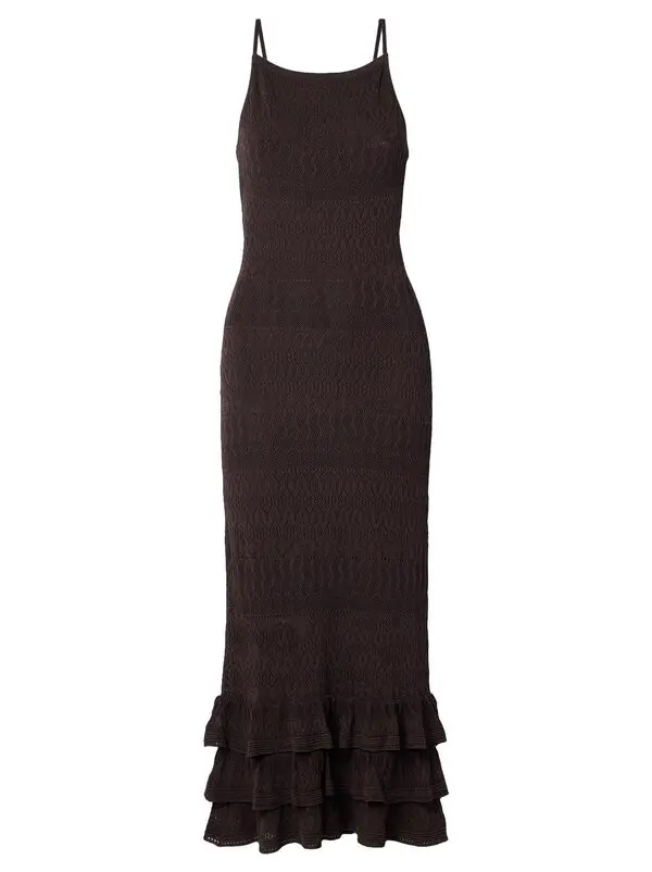 Staud Bliss Ruffled Pointelle-knit Maxi Dress - Brown