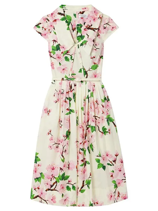 Oscar De La Renta Belted Pleated Printed Cotton-blend Poplin Midi Dress - Multi