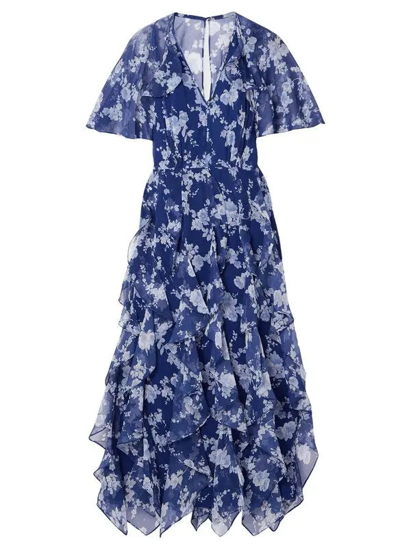 Carolina Herrera Cape-effect Ruffled Floral-print Silk-crepon Midi Dress - Blue