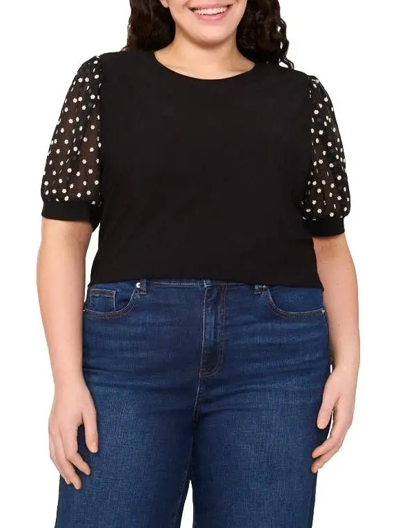 CECE DUPRAZ Puff Sleeve Mixed Media Top - Rich Black