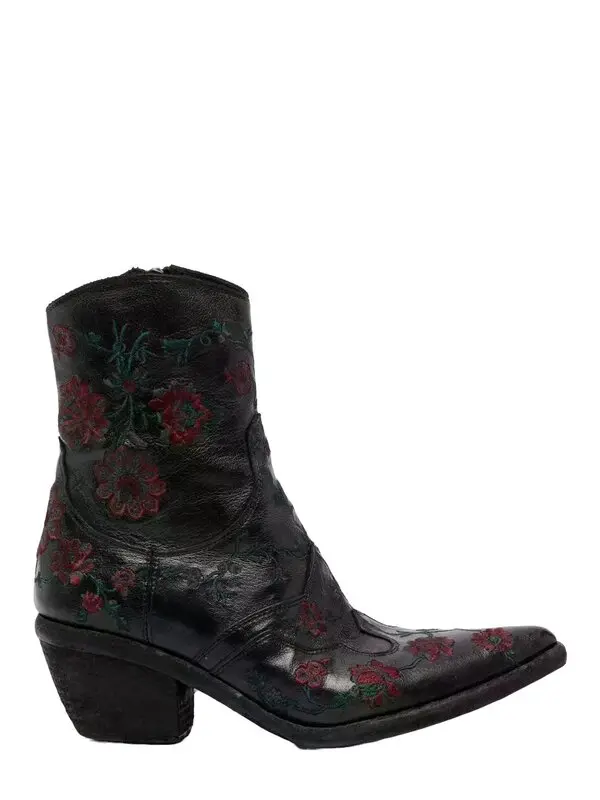 MADISON.MAISON Floral-embroidered Leather Ankle Boots - Black