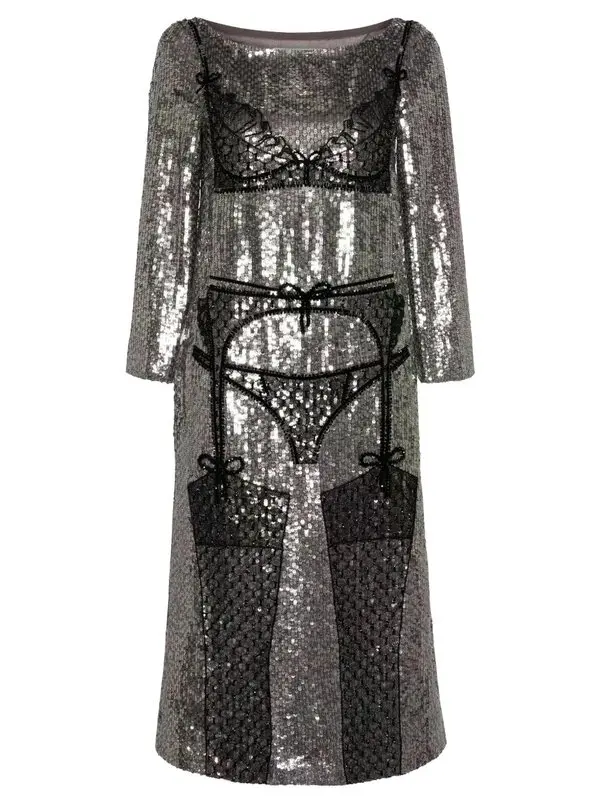 WIEDERHOEFT Lingerie Beaded Sequin Midi Dress - Silver