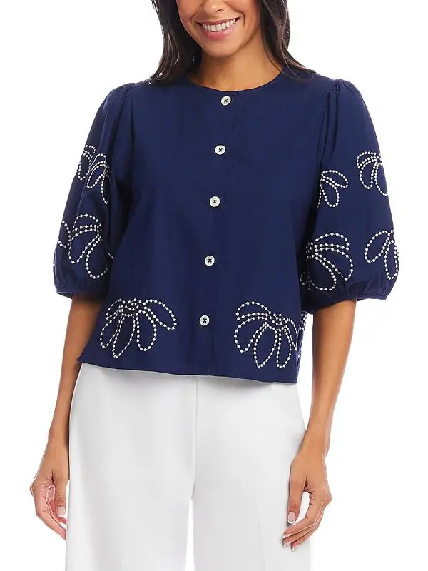 Karen Kane Embroidered Puff Sleeve Shirt - Navy