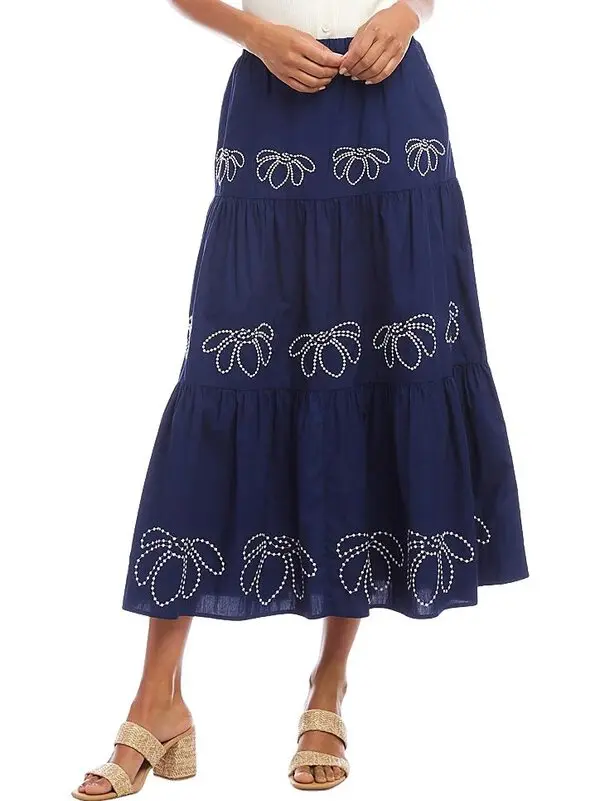 Karen Kane Embroidered Tiered Midi Skirt - Navy