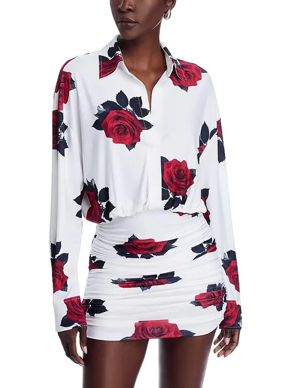 Norma Kamali Floral Shirred Mini Dress - Red Rose