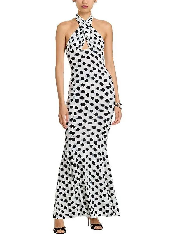 Norma Kamali Cross Halter Fishtail Gown - Paint Dots