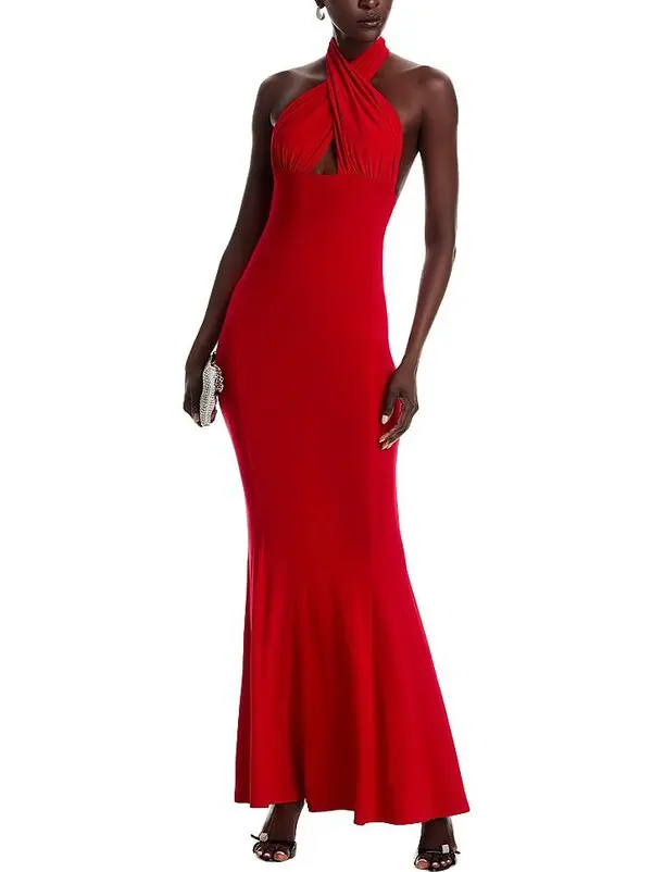 Norma Kamali Cross Halter Fishtail Gown - Tiger Red