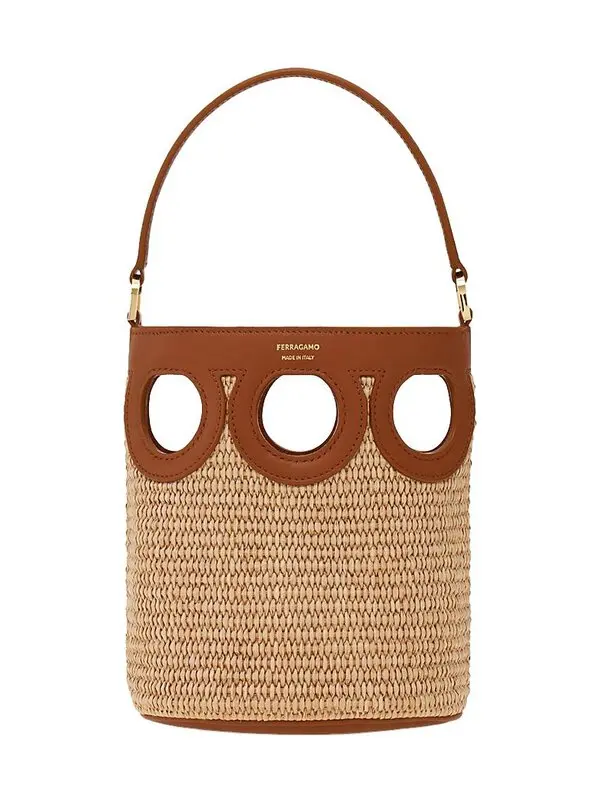 FERRAGAMO Gancini Frame Raffia Bucket Bag - Naturale