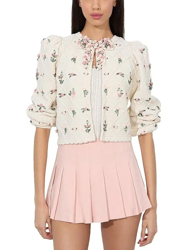Alice + Olivia Floral Puff Sleeve Cardigan - Soft White Multi
