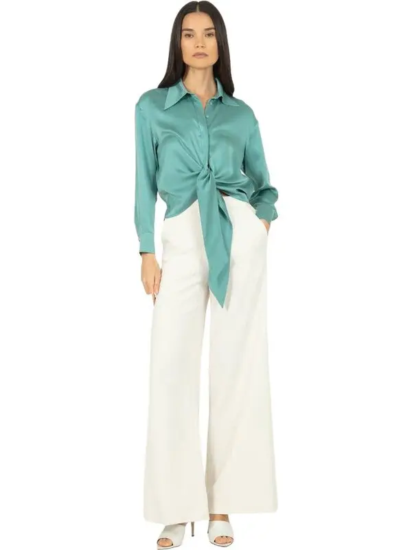 SECRET PON-PON Silk Tie Blouse - Cyan Green