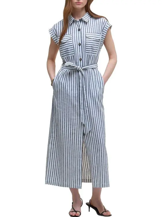 Barbour Abby Stripe Belted Cotton & Linen Shirt Dress - Navy White Stripe