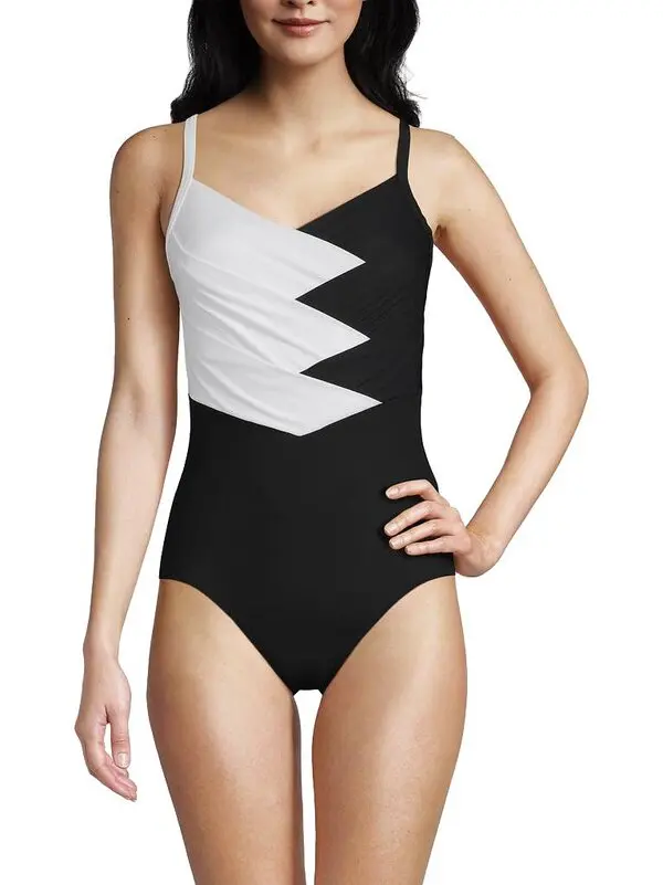 LANDS' END Slendersuit Pleated Low Leg One-piece Swimsuit - Black/white