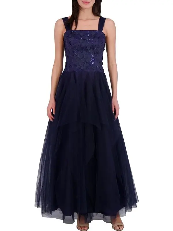 Eliza J Sequin & Floral Appliqué Tulle Dress - Navy