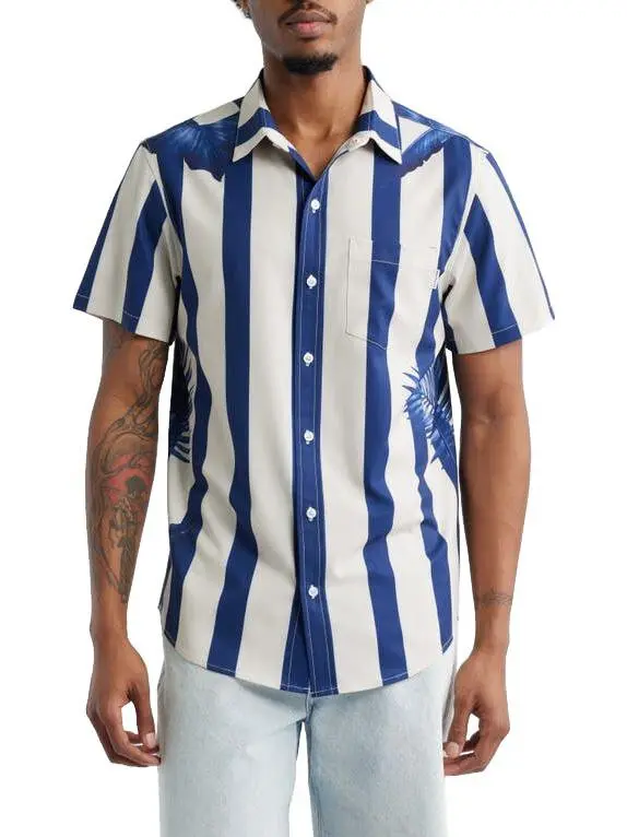 MAVRANS Stripe Palm Frond Short Sleeve Performance Button-up Shirt - Blue