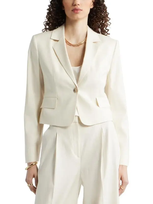 Nordstrom Cropped One-button Linen Blend Blazer - Ivory Birch