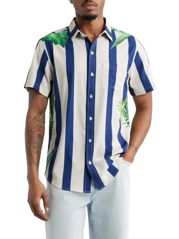 MAVRANS Stripe Palm Frond Short Sleeve Performance Button-up Shirt - Green