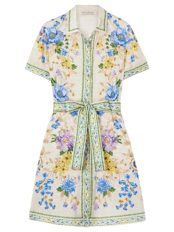 MARY KATRANTZOU Chima Belted Floral-print Twill Mini Shirt Dress - Cream