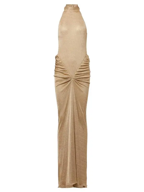 THE NEW ARRIVALS ILKYAZ OZEL Cass Ruched Halterneck Lamé Gown - Gold