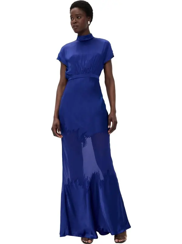 Saloni Fabienne Long Dress - Azure Brushstroke Plmt