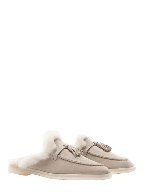 SCAROSSO Lucrezia Tassel Mules - Sand - Suede Fur