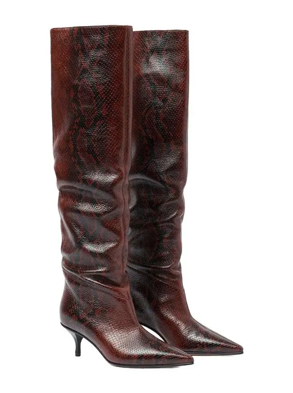 SCAROSSO Barbara Leather Boots - Brown - Snake-printed Calf