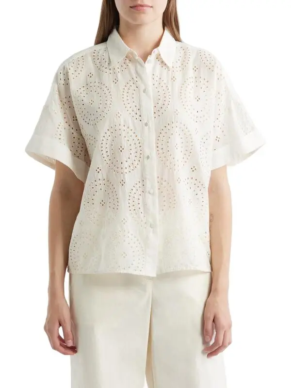 BOSS Bisenas Embroidered Eyelet Button-up Shirt - Open Wht