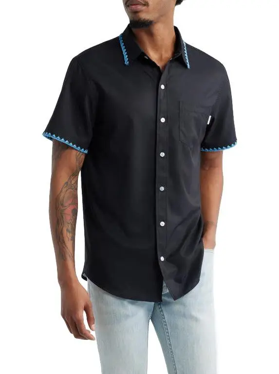 MAVRANS Weekend Crochet Trim Short Sleeve Performance Button-up Shirt - Black