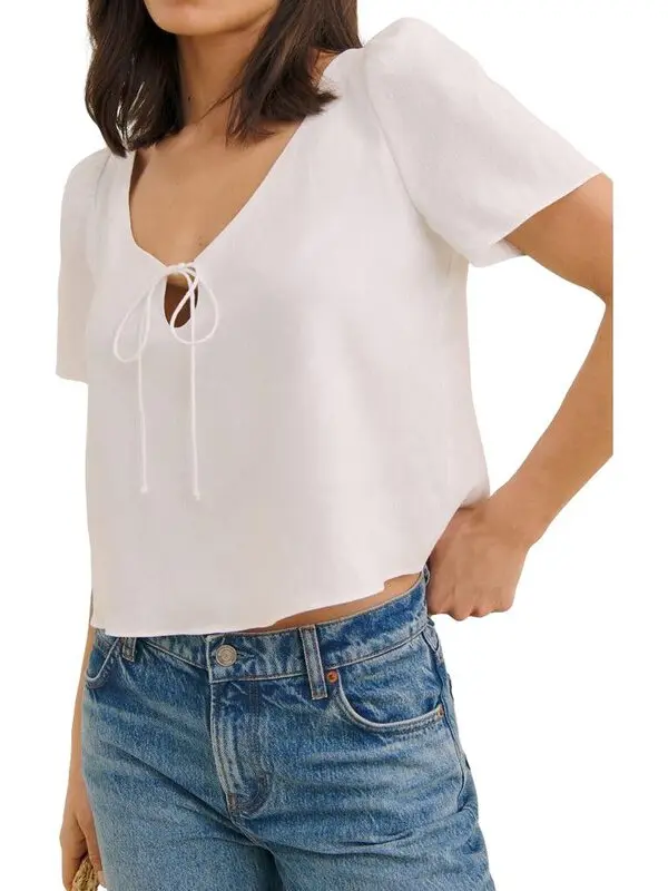 REFORMATION Mayla Tie Keyhole Linen Top - White