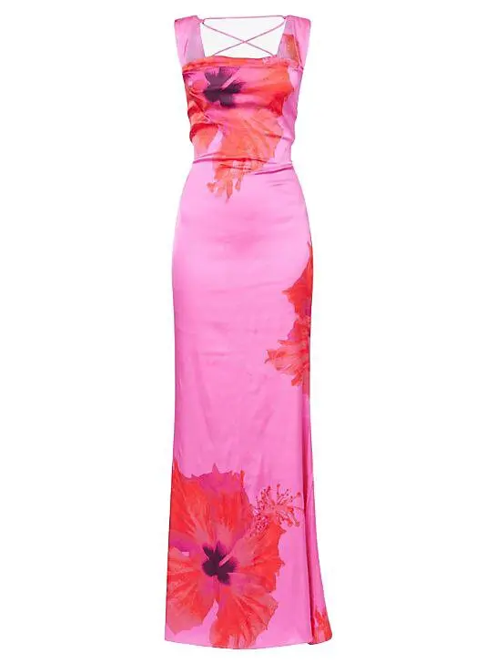 Good American Floral Print Lace-up Maxi Dress - Pink Hibiscus002