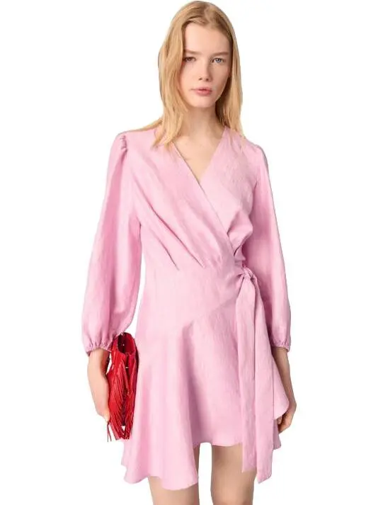 Maje Linen Wrap Mini Dress - Pink