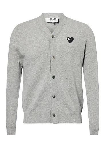 Play Comme Des Garcon Logo-embroidered V-neck Wool Cardigan - Light Grey