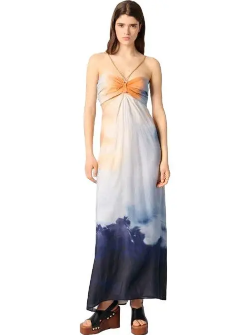 Maje Tie-dye Maxi Dress With Gold Chain Straps - Blue Tie And Dye Print
