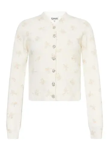 GANNI Floral-print Wool-blend Knitted Cardigan - Antique White