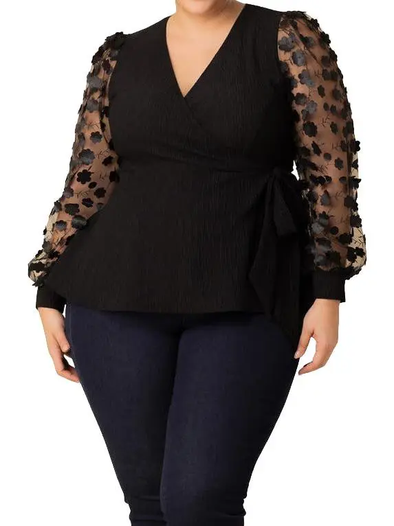 KIYONNA 3d Sleeve Peplum Wrap Top - Onyx Blossoms