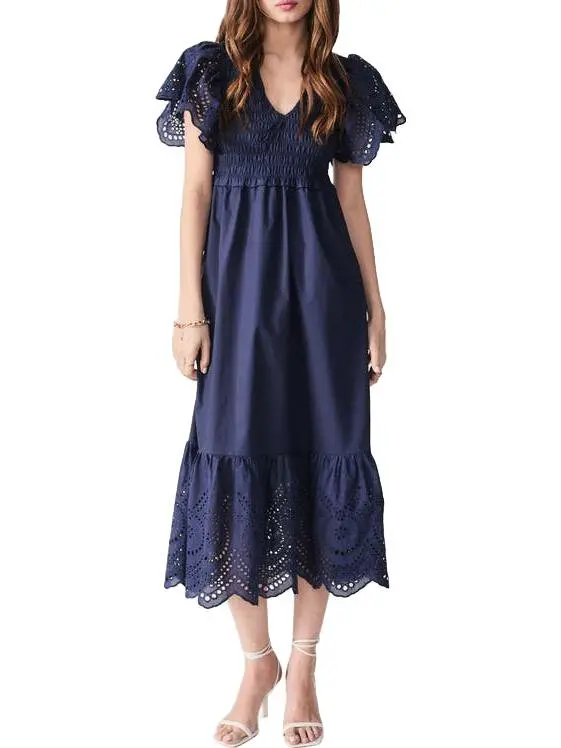 Deluc Avis Embroidered Ruffle Midi Dress - Blue