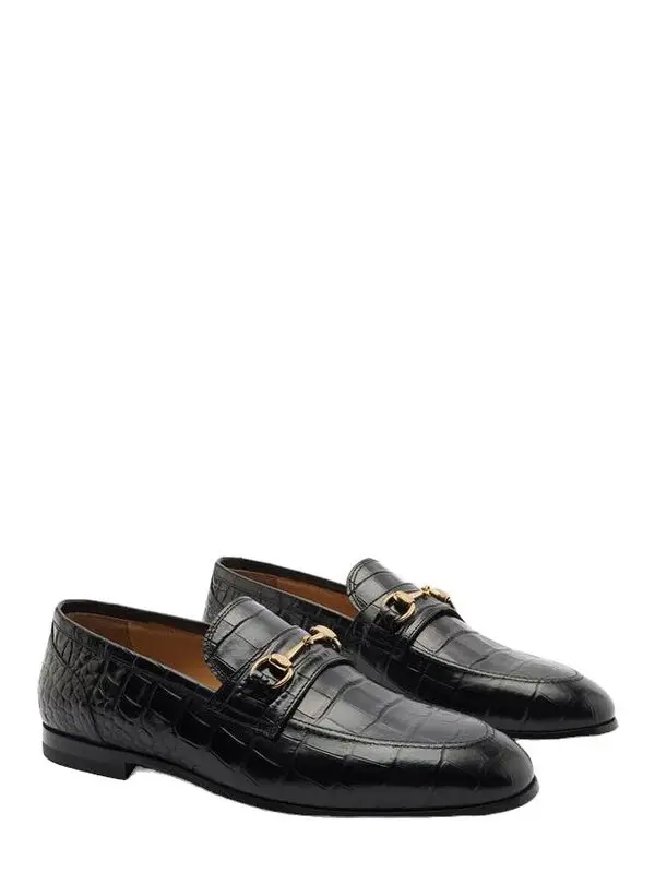 SCAROSSO Horsebit Loafers - Black - Croco-printed Calf