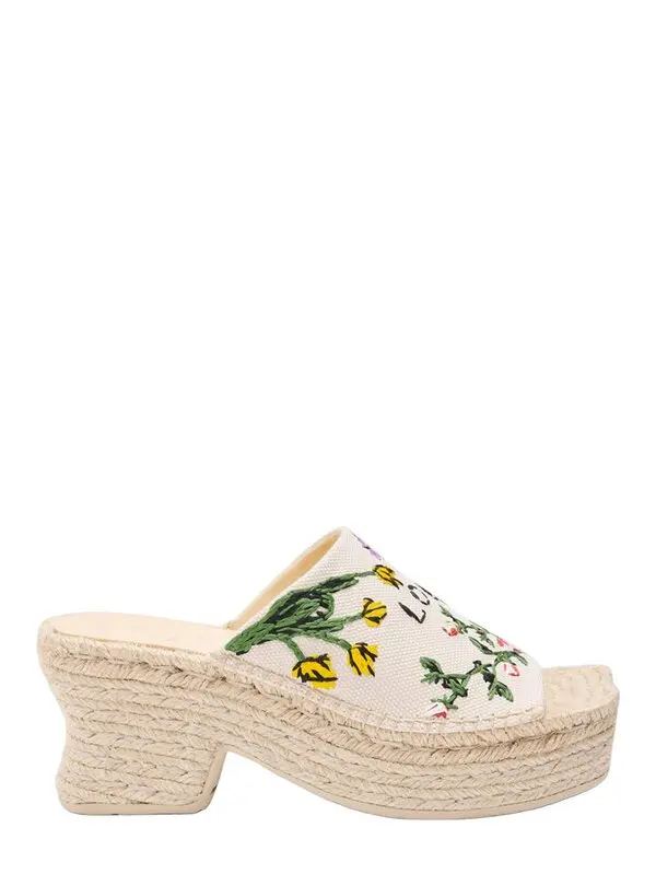 Loewe Petal Floral Embroidered Espadrille Platform Mules - Cream/multicolor