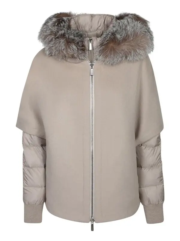 MOORER Wool Cashmere Cape With Fur Hood - Beige