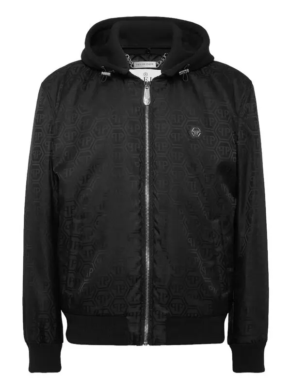Philipp Plein Zip-up Jacket With Logo Pattern And Hood - Black