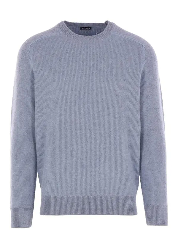 Zegna Ribbed Cashmere Knit Sweater - Light Blue Patterned