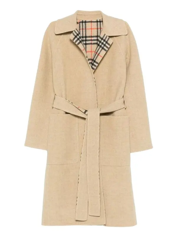 Burberry Belted Wool Coat With Check Lining - Beige