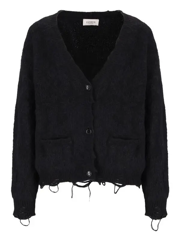 LANEUS Knitted V-neck Cardigan - Black