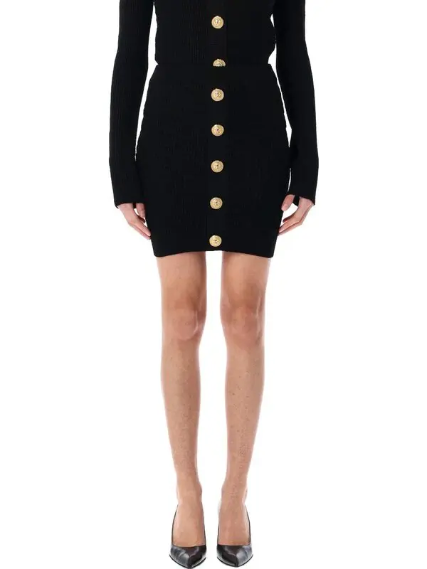 Balmain Knit Skirt With Lion Head Buttons - Black