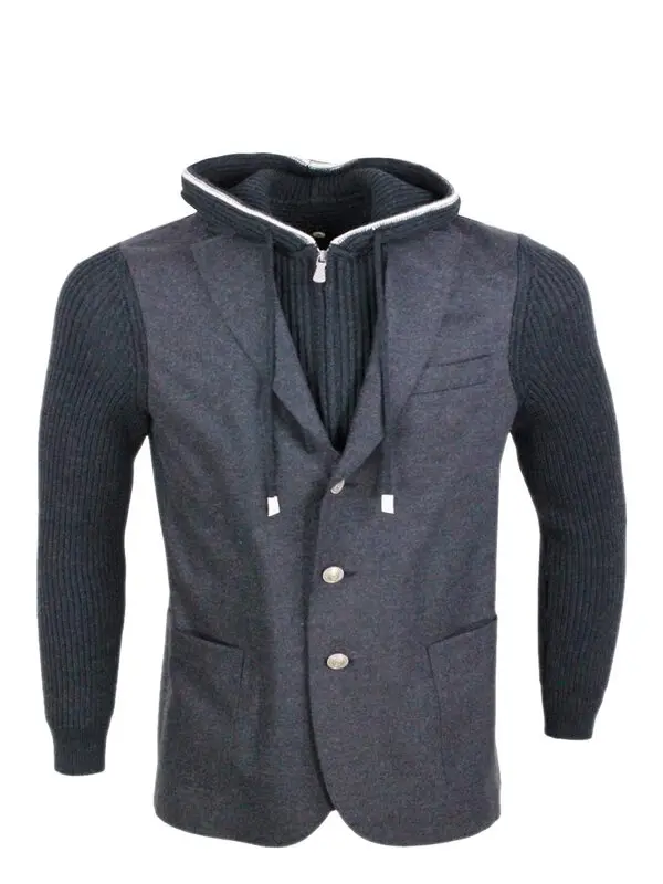 Eleventy Single-breasted Wool Jacket With Detachable Hood - Grey