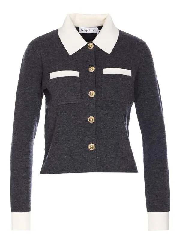 SELF-PORTRAIT Contrast Collar Cardigan - Grey