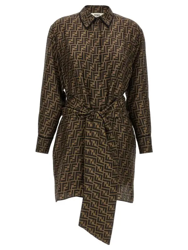Fendi Ff Monogram Silk Twill Mini Dress - Brown