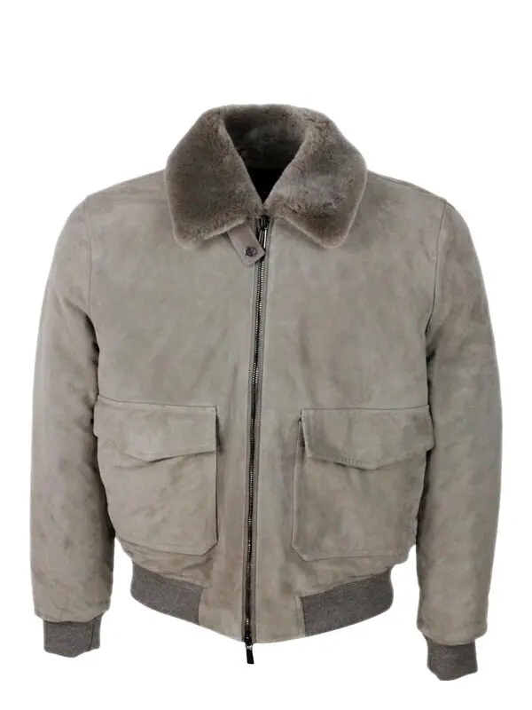 MOORER Bomber Jacket With Detachable Sheepskin Collar - Grey