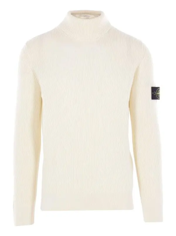 Stone Island Ribbed Wool Knit Turtleneck - White