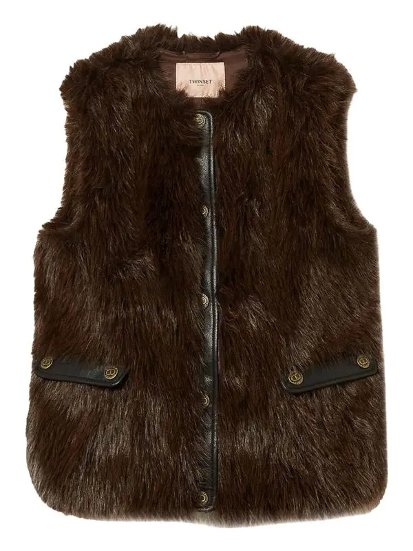 TWINSET Faux Fur Zip-up Gilet - Grigio E Nero