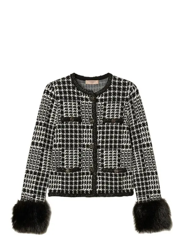 TWINSET Checked Knit Jacket With Faux Fur Cuffs - Neve Nero